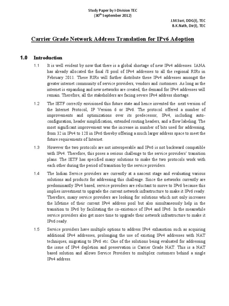 Carrier Grade NAT - TEC Study Paper-Ver2 | PDF | I Pv6 | Computer Network