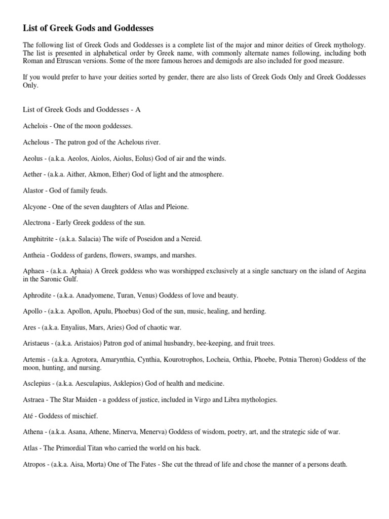 List of Greek Gods and Goddesses | PDF | Deities | Dionysus