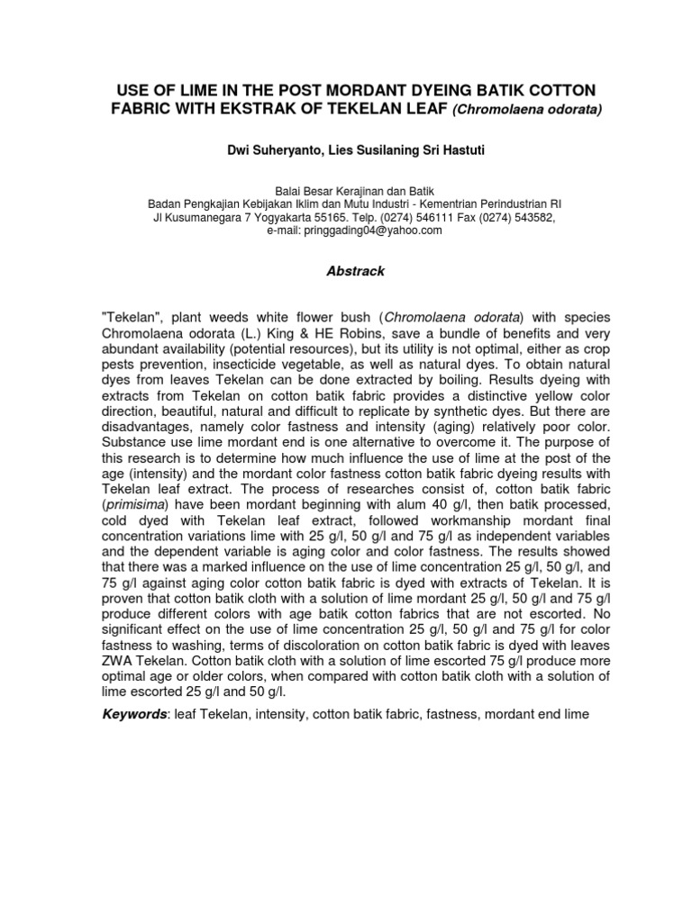 Lime Mordant in Batik Dyeing with Tekelan | PDF