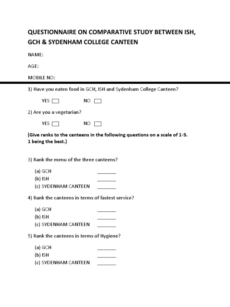 Questionnaire On Comparative Study Between Ish, GCH & Sydenham College ...