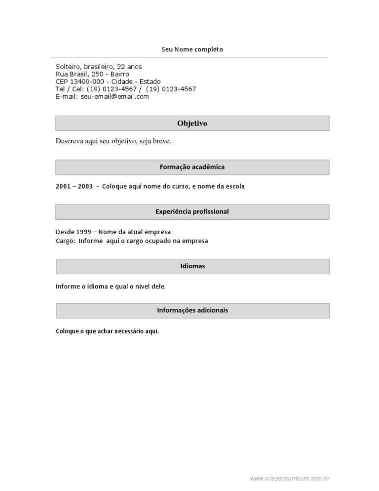 Modelo Curriculum Vitae Simples Formatado | PDF
