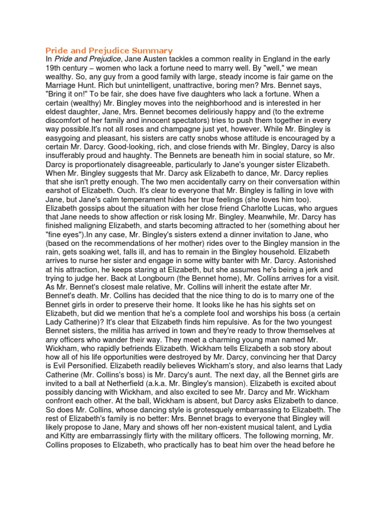 Pride and Prejudice Summary | PDF