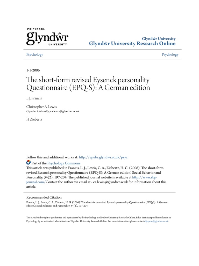 The Short-Form Revised Eysenck Personality Questionnaire (EPQ-S) | PDF ...