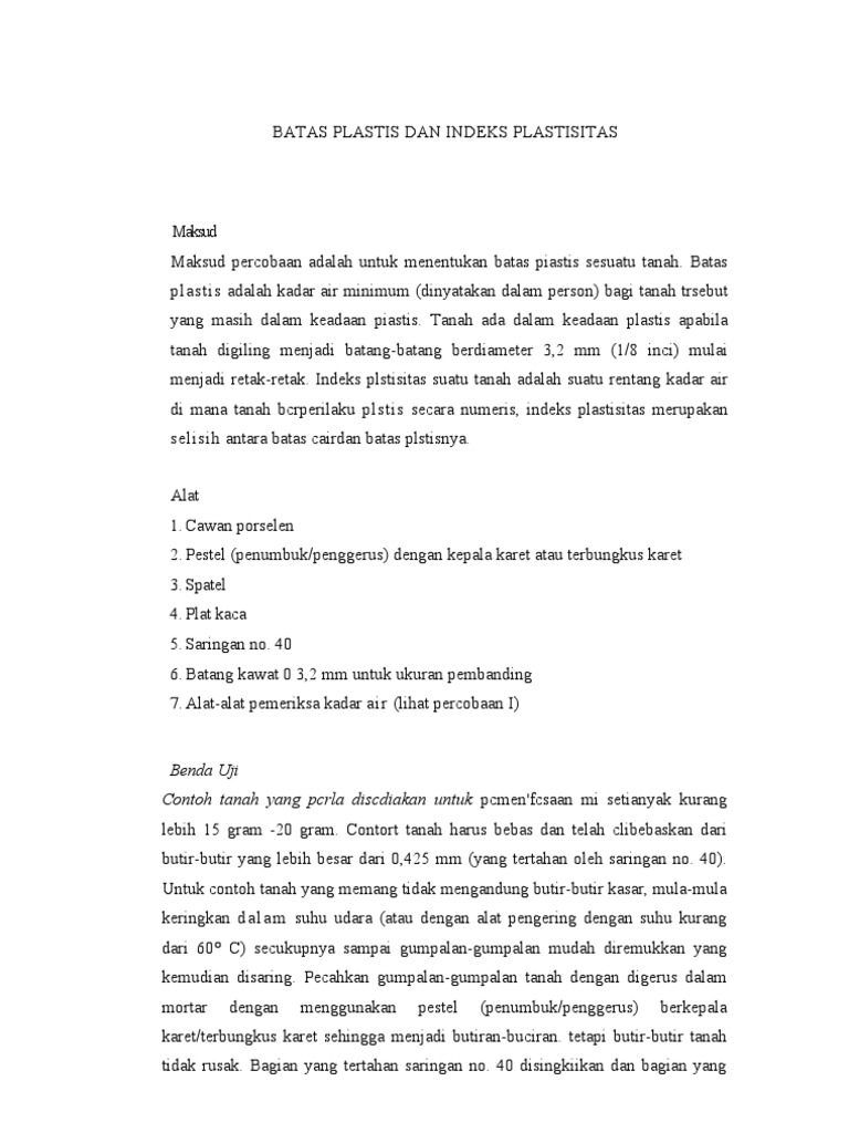 Batas Plastis Dan Indeks Plastisitas | PDF