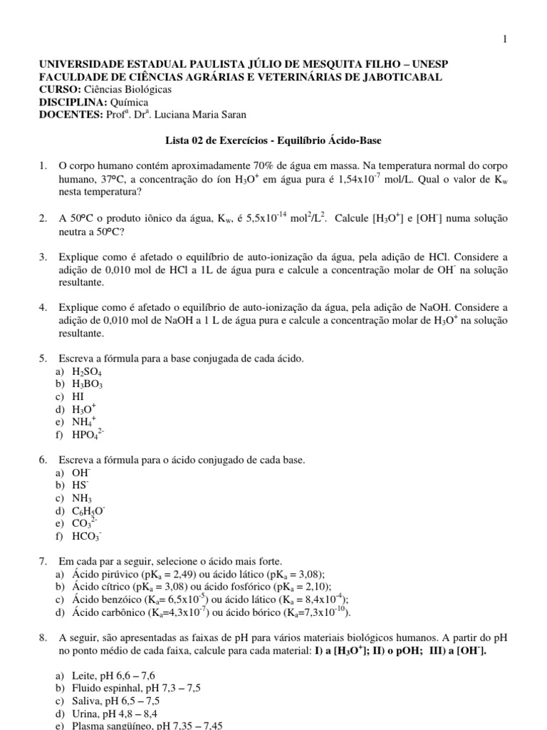 Lista 2 de Exercicios Equilibrio Acido Base | Ácido | Ph