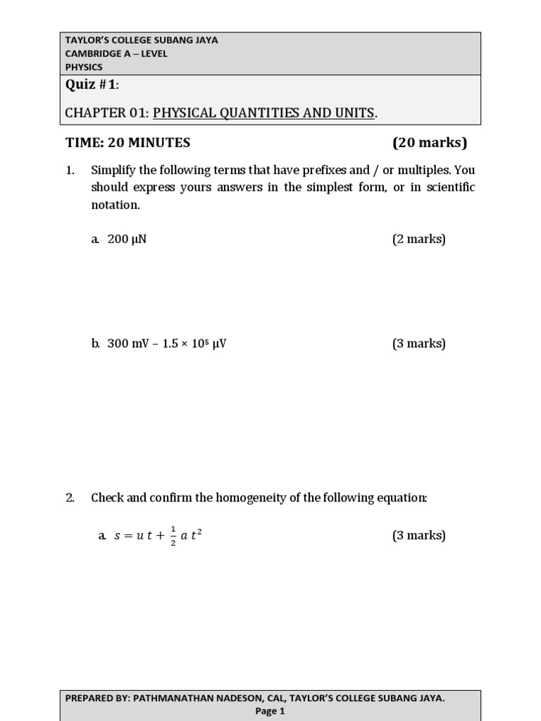 A-Level Physics Quiz on Units and Quantities | PDF | Physical ...