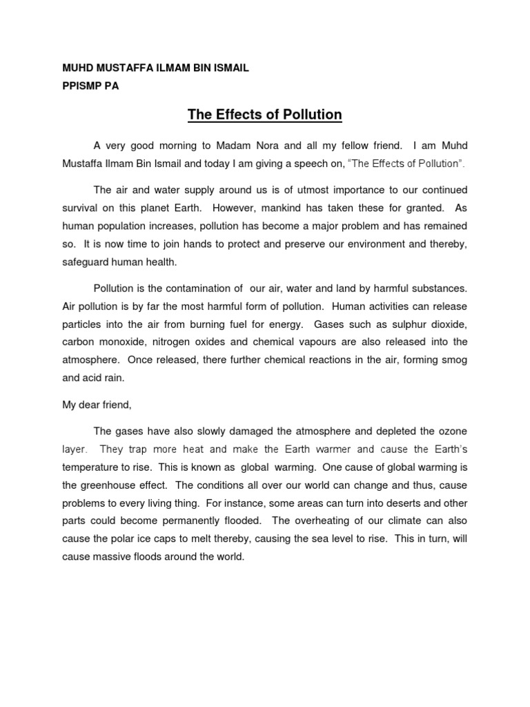 Speech (the Effects of Pollution) (1) | Atmosphere Of Earth | Pollution