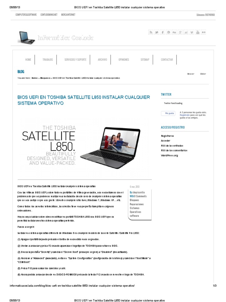BIOS UEFI en Toshiba Satellite L850 Instalar Cualquier Sistema ...