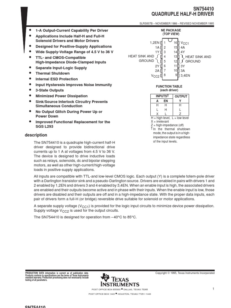 SN754410 Quadruple Half-H Driver: 1,2EN 1A 1Y V 4A 4Y Heat Sink and ...