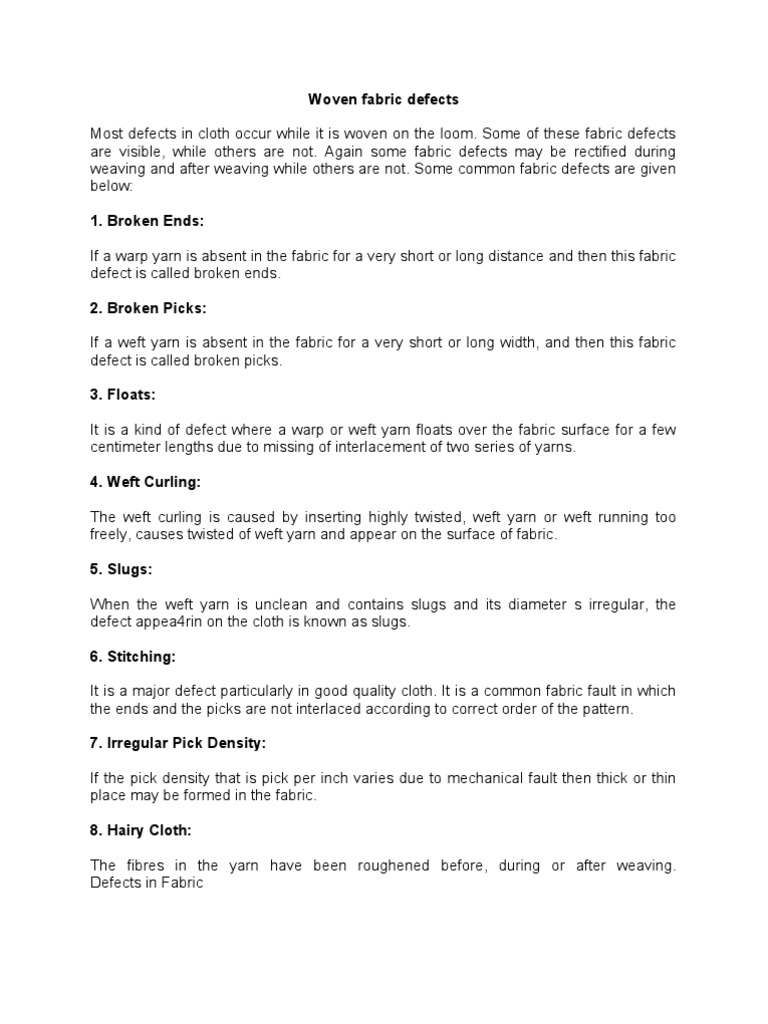 Woven Fabric Defects Practical | PDF | Textiles | Weaving