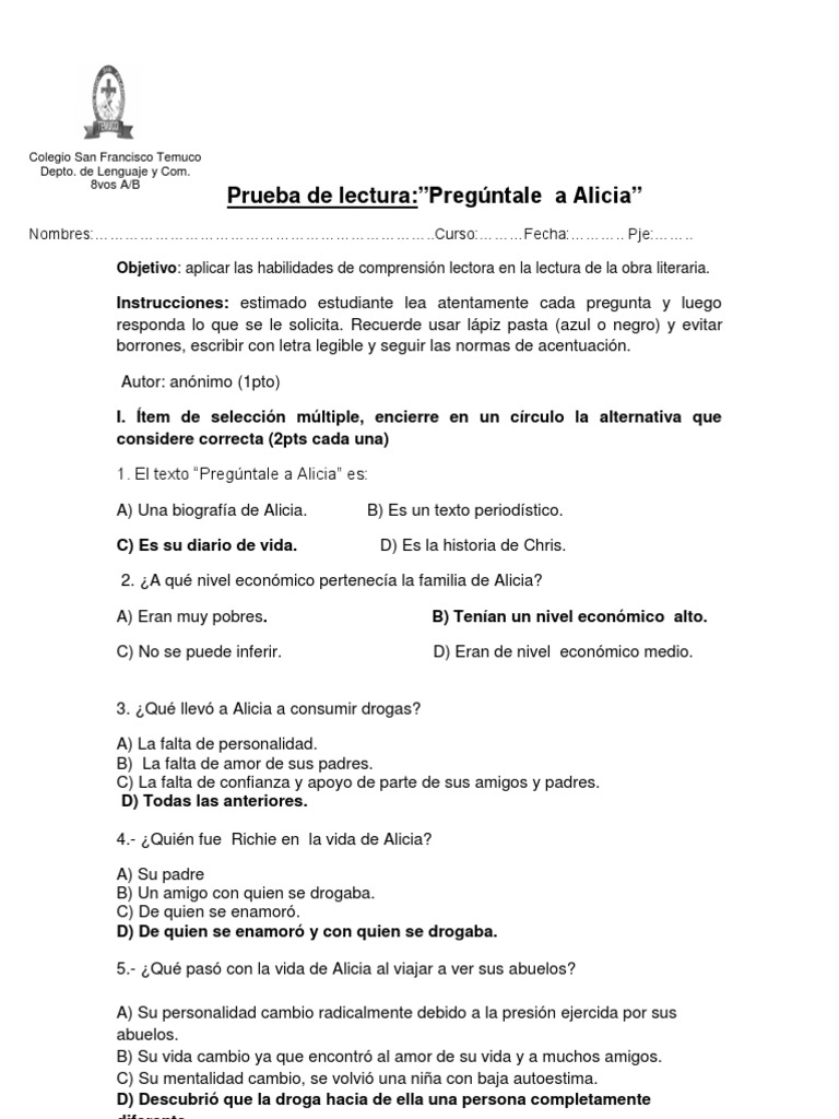 Prueba de Lectura: Pregúntale a Alicia | PDF | La dependencia de ...