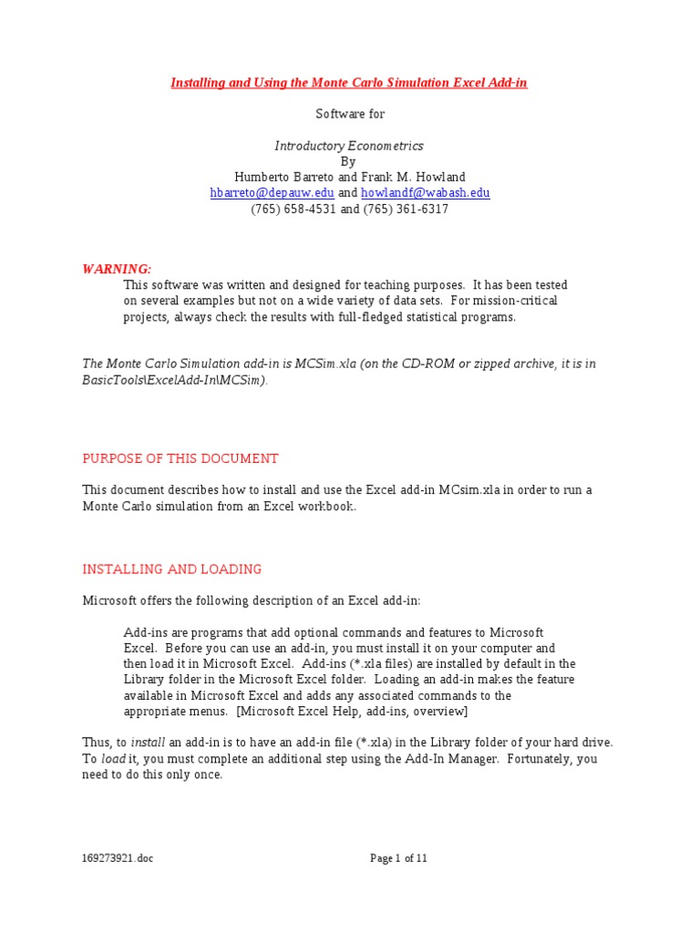 Introductory Econometrics: Installing and Using The Monte Carlo Simulation Excel Add-In | PDF ...