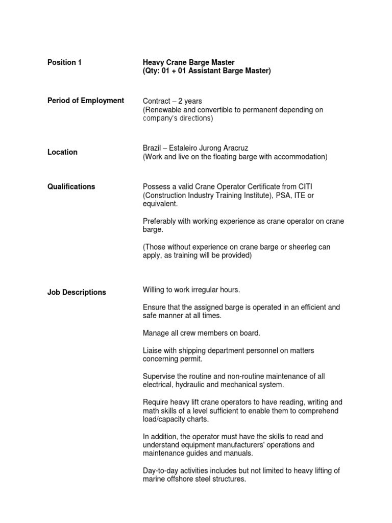 Floating Crane L3601 - Crews Job Description | PDF | Crane (Machine ...