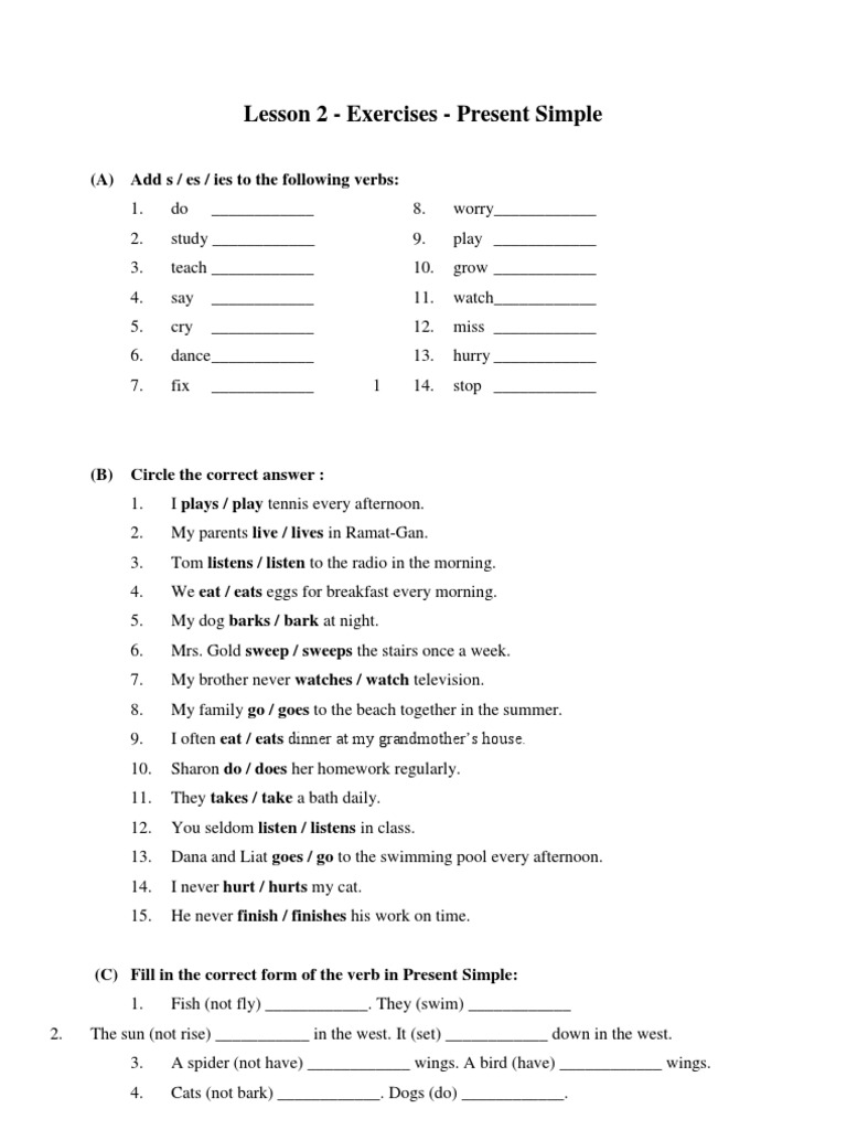 Lesson 2 - Exercises - Present Simple: (A) Add S / Es / Ies To The ...