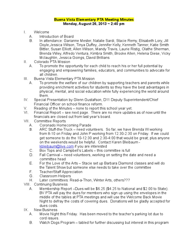 Meeting Minutes 26 Aug 13 | PDF | Schools | Teaching And Learning