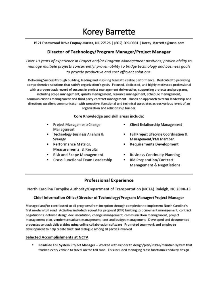 Barrette Korey Resume | PDF | Project Management | Toll Road