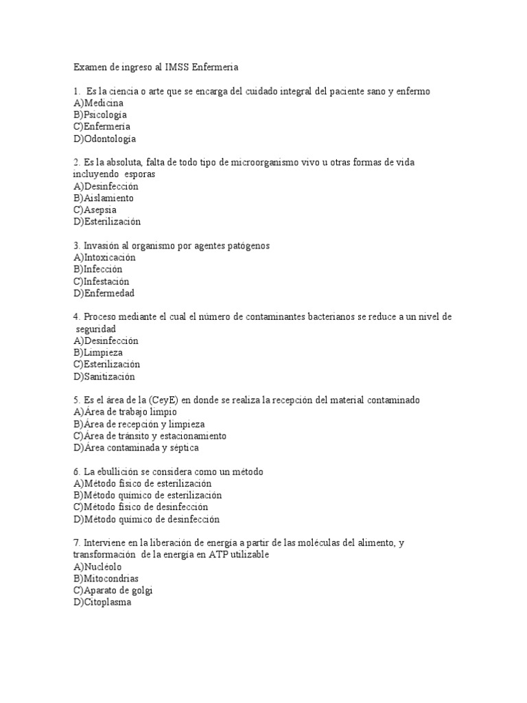 Examen Conocimientos en Enfermeria IMSS | PDF | Esterilización ...