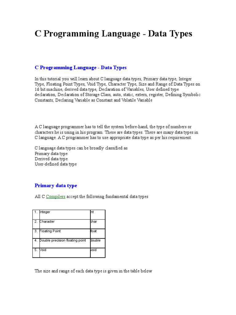 2.1 C Programming Language - Data Types | Integer (Computer Science ...