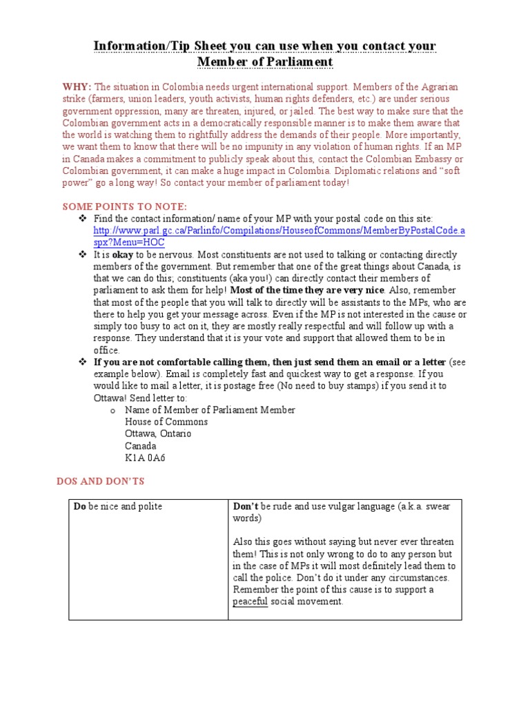 Information MP Sheet | PDF | Member Of Parliament | Colombia