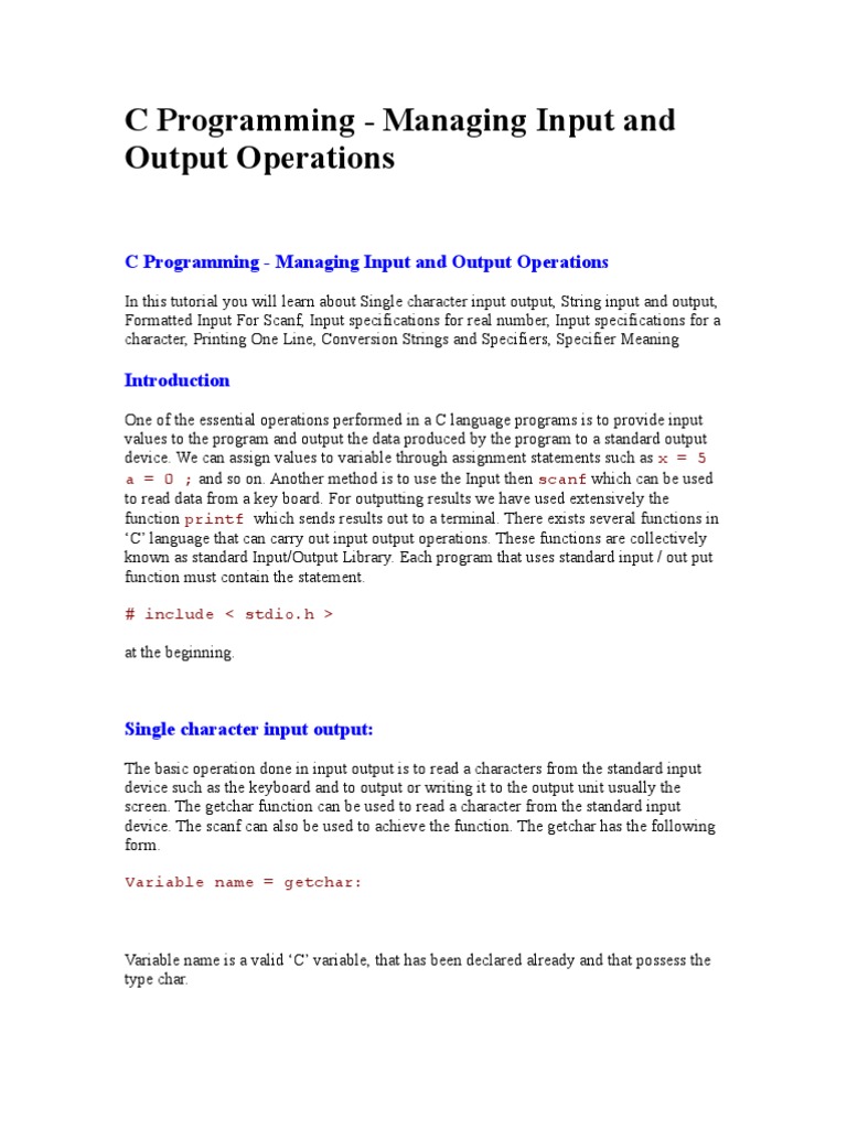 C Programming Managing Input And Output Operations Pdf C