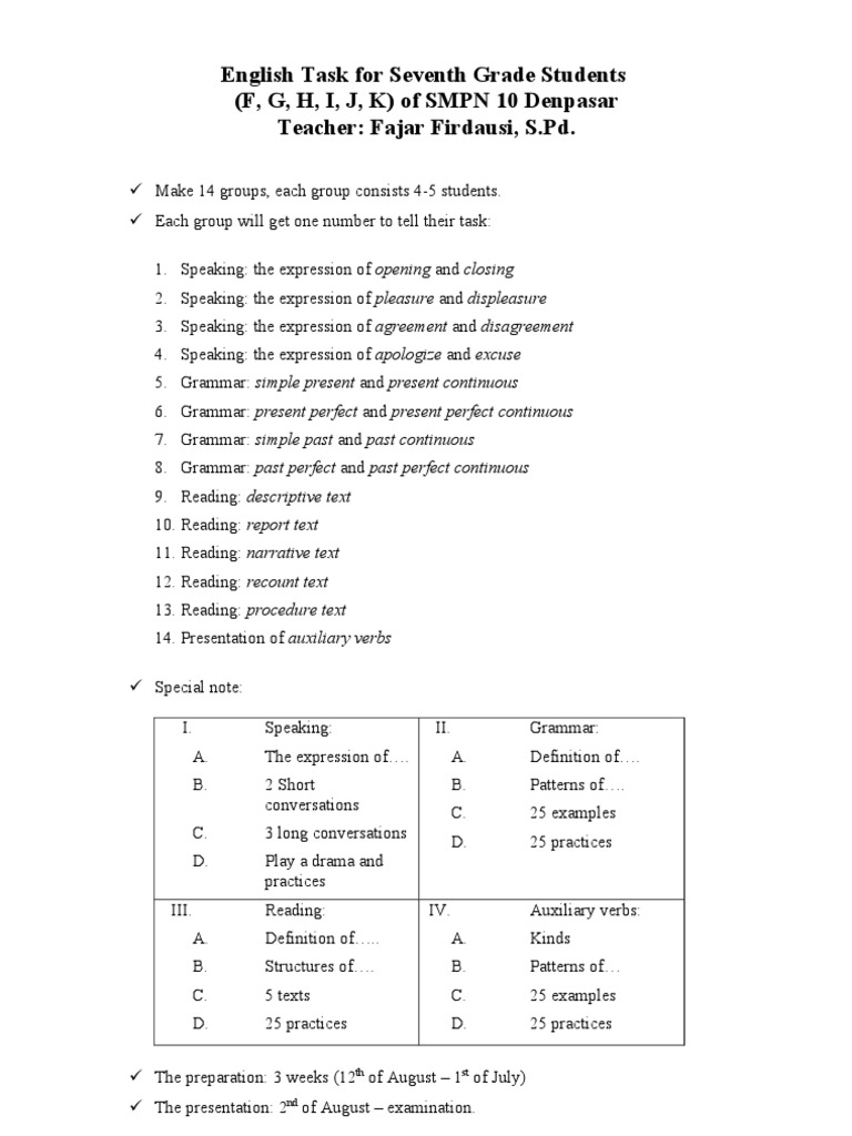 English Task For Seventh Grade Students PDF