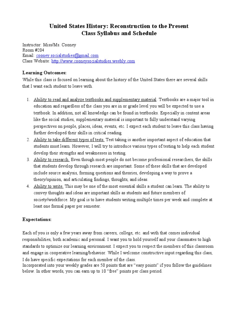 US History Class Syllabus | PDF | Homework | Educational Assessment