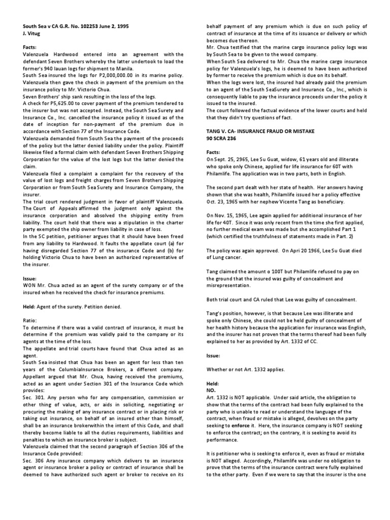 Insurance Cases Set 2 (DIGESTS) | PDF | Rescission | Insurance