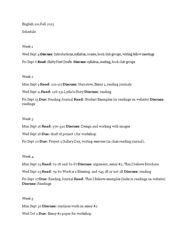 English 101 Fall 2013 Course Schedule | PDF