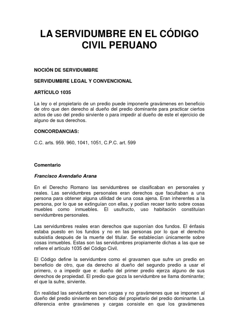 La Servidumbre En El Código Civil Peruano Pdf Propiedad Ley Común