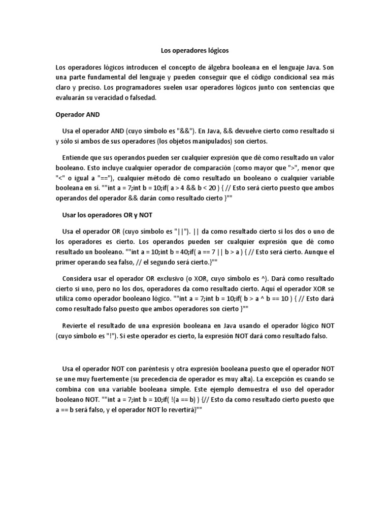 Operadores Lógicos en Java: Guía Esencial | PDF | Java (lenguaje de ...