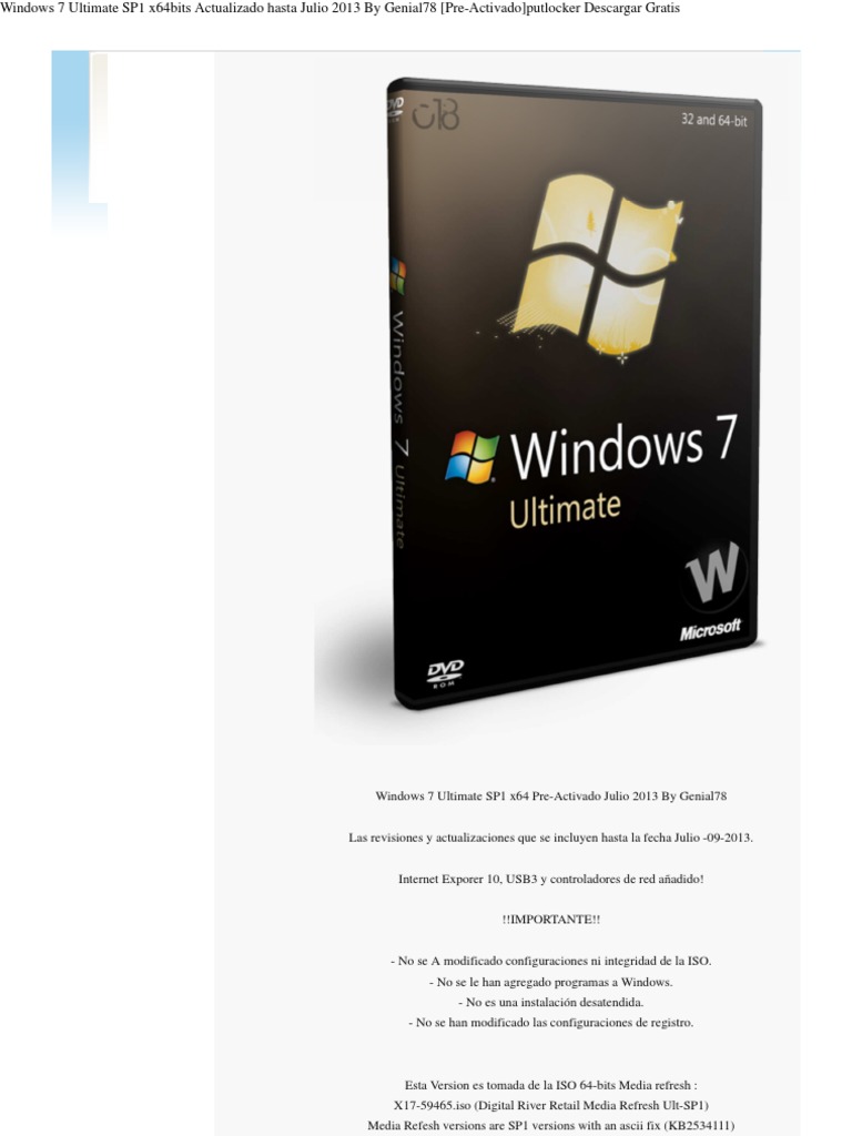Windows 7 Ultimate SP1 X64bits Actualizado Hasta Julio 2013 | PDF ...