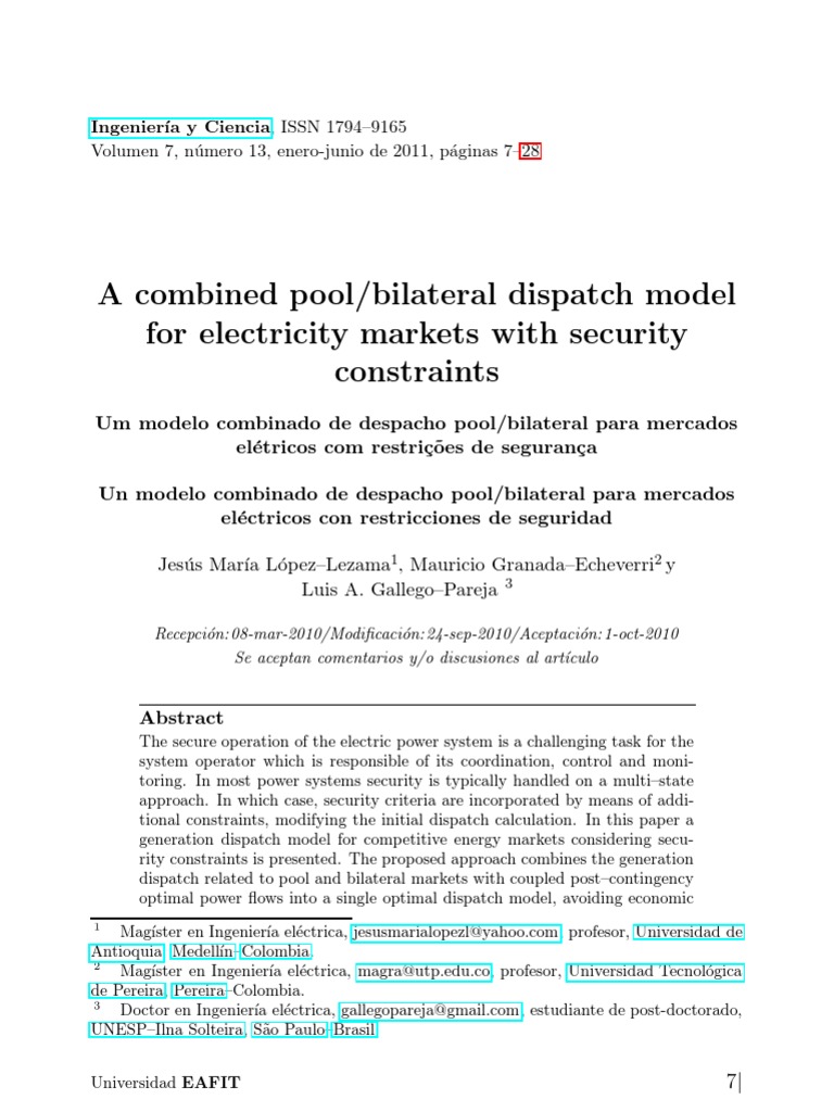 A Combined Pool/bilateral Dispatch Model For Electricity Markets With ...