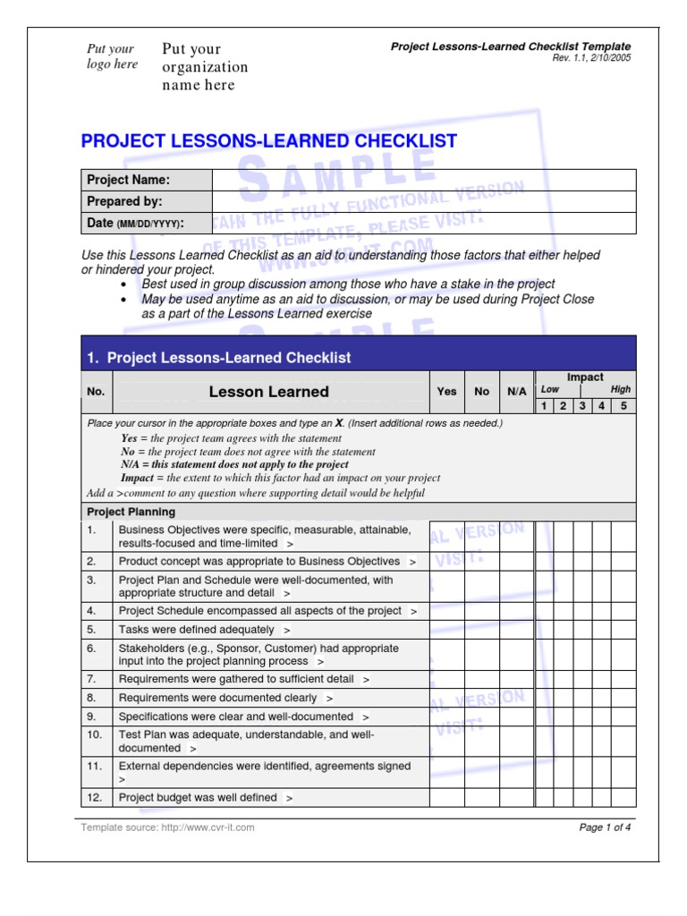 Lessons Learned Checklist Template | PDF | Production And Manufacturing ...