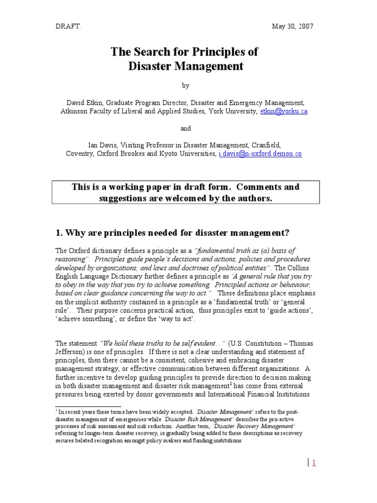 Principles of Disaster Management Overview | PDF