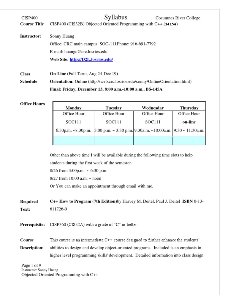 CISP 400 Syllabus | PDF | Class (Computer Programming) | C++