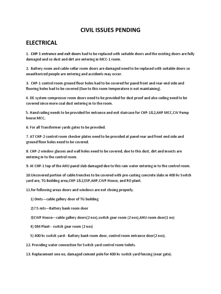 Pending Civil Issues-Electrical | PDF