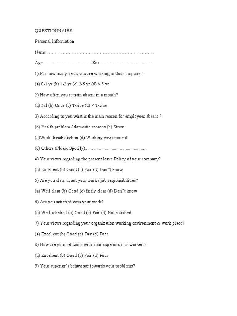 Questionnaire Absenteeism | PDF