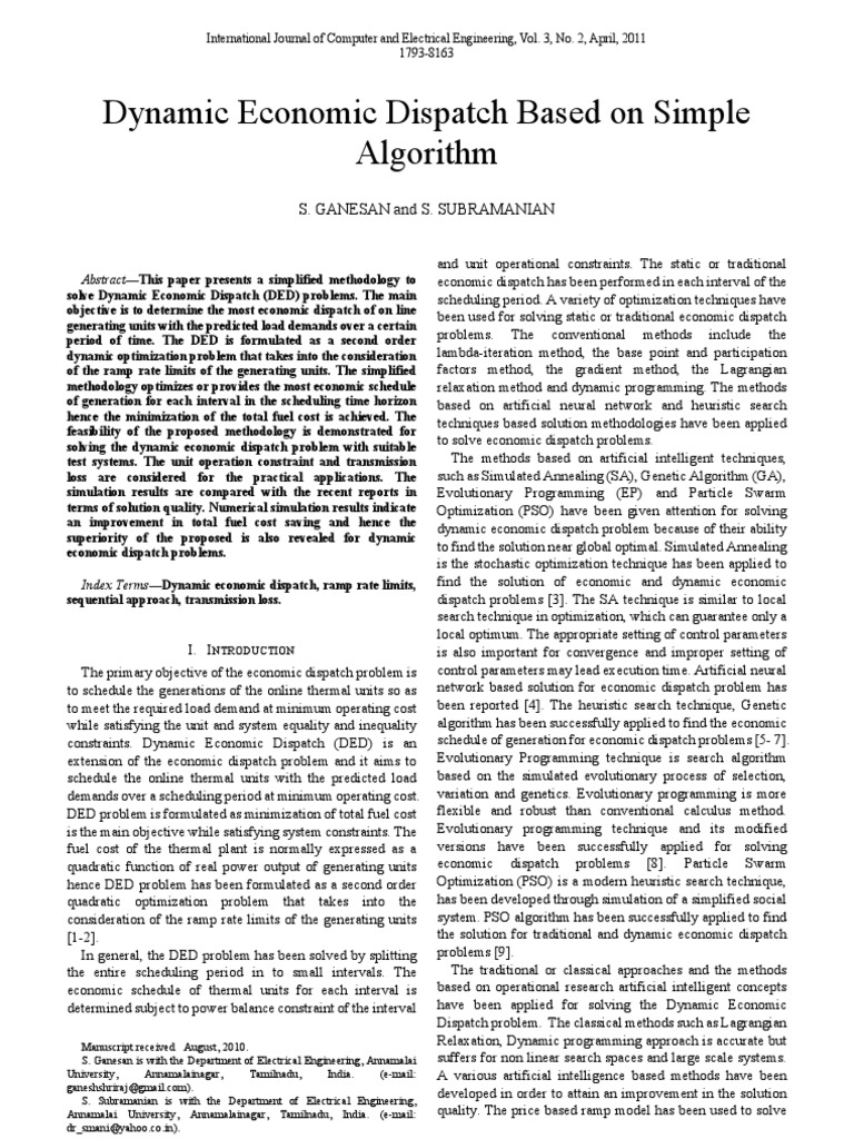 Dynamic Economic Dispatch Based On Simple Algorithm: S. Ganesan and S. Subramanian | PDF ...
