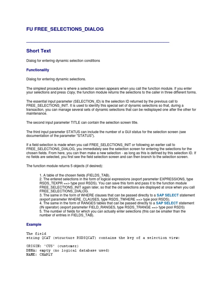 Free Selections Dialog | PDF | Parameter (Computer Programming) | Subroutine