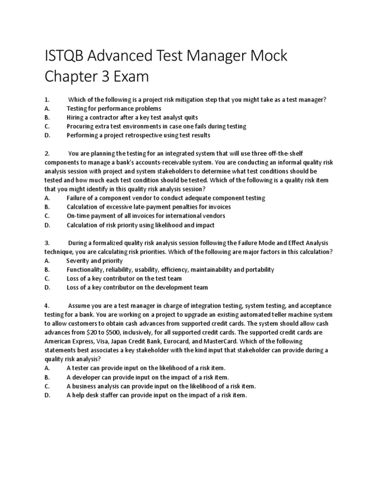 ISTQB Advanced Test Manager Mock Chapter 3 Exam | Download Free PDF ...