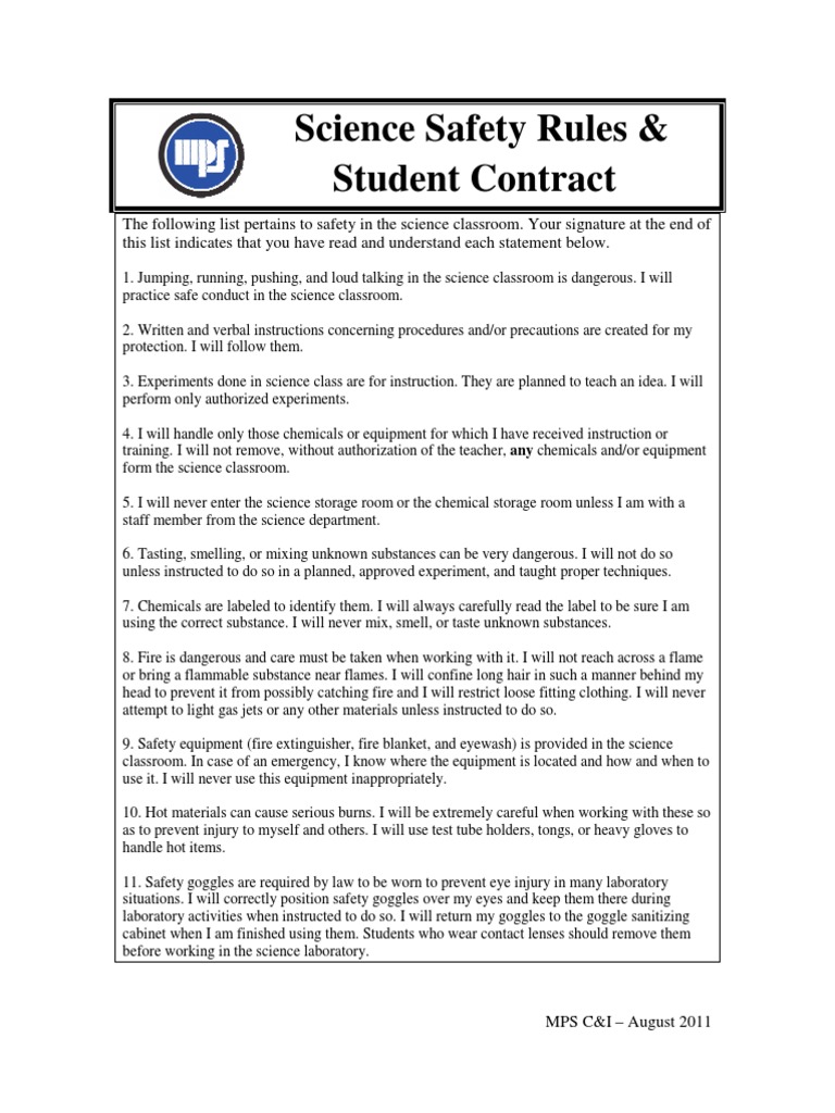Science Safety Rules & Student Contract | PDF | Laboratories | Classroom