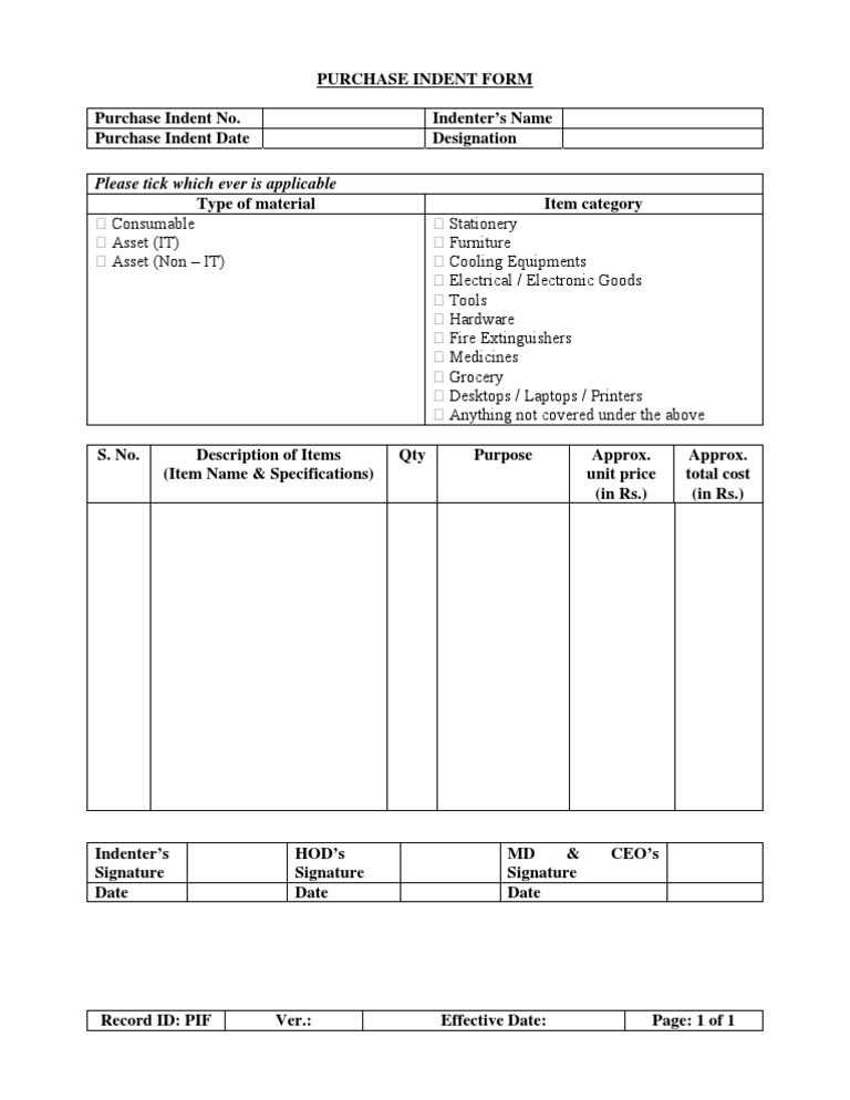 Purchase Indent Form | PDF