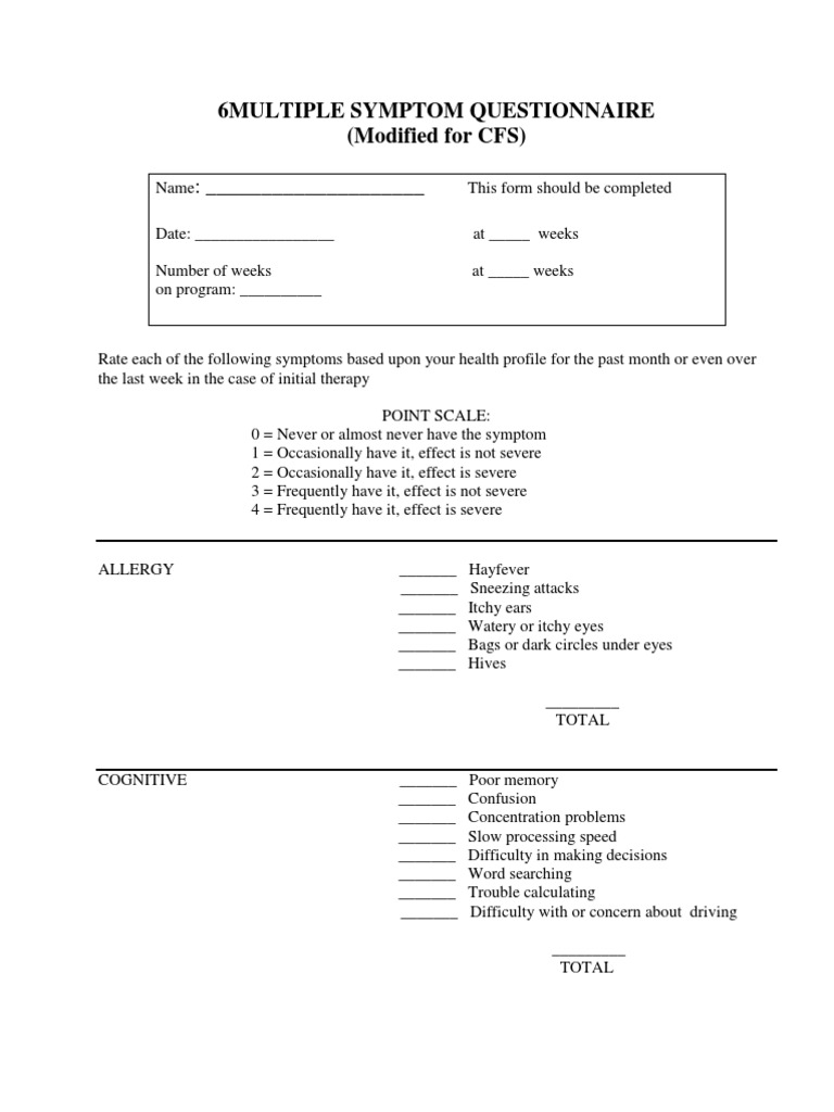 Cheney Clinic 6multiple Symptom Questionaire | PDF | Anxiety | Symptoms ...