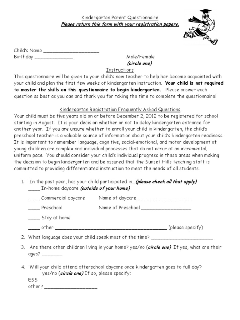 Kindergarten Parent Questionnaire 11-12 | PDF | Day Care | Kindergarten