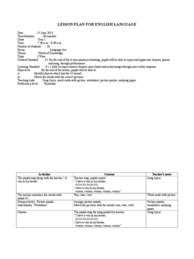 Lesson Plan For Linus BI Year 1 | PDF