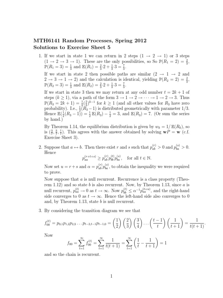 MTH6141 Random Processes, Spring 2012 Solutions To Exercise Sheet 5 ...