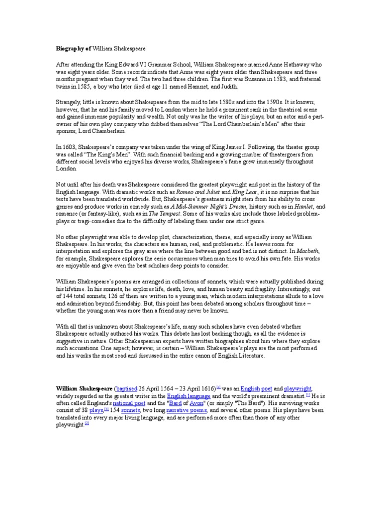 Biography of William Shakespeare | PDF | Shakespearean History ...