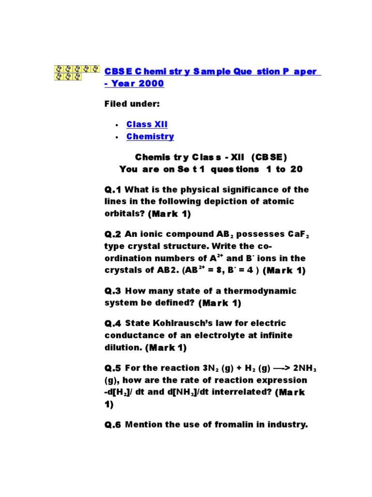 CBSE Chemistry Sample Question Paper | PDF | Redox | Chemical Reactions