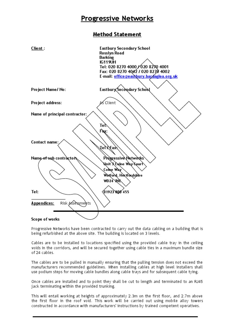 Sample Method Statement | PDF | General Contractor | Cable