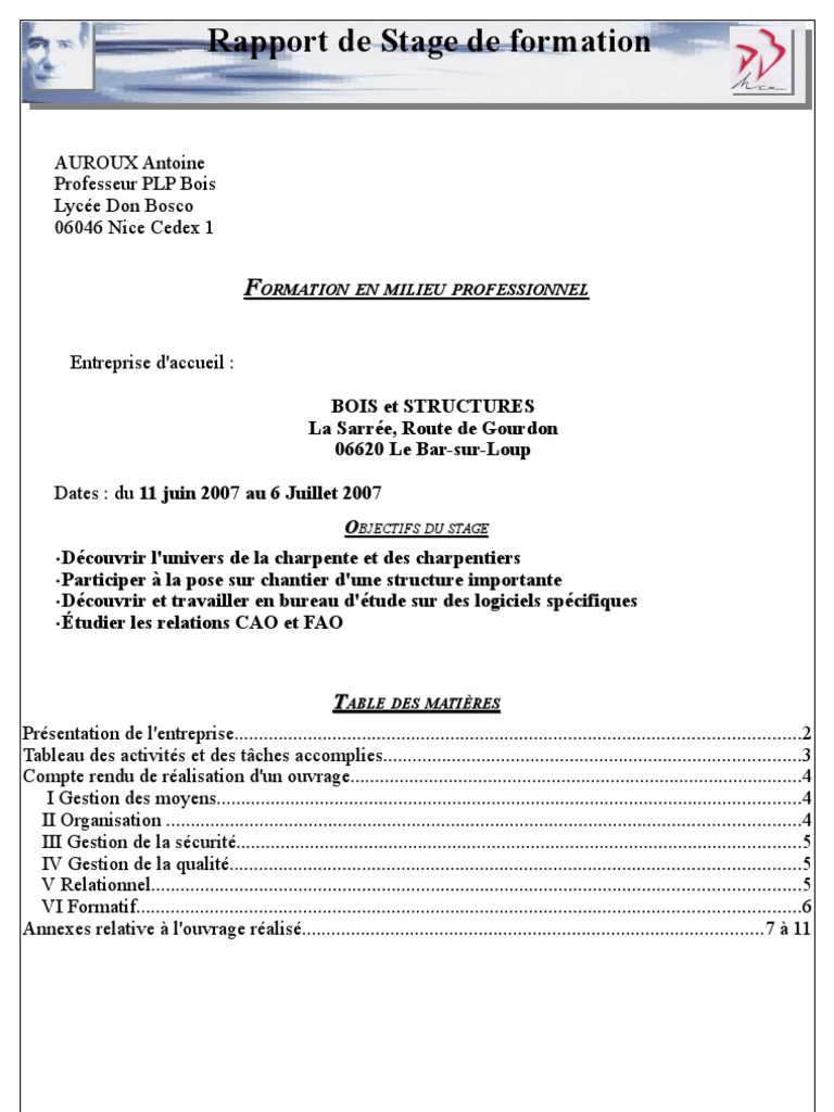Rapport De Stage Terminal Bac Pro Supports D'enseignement | LEM0N